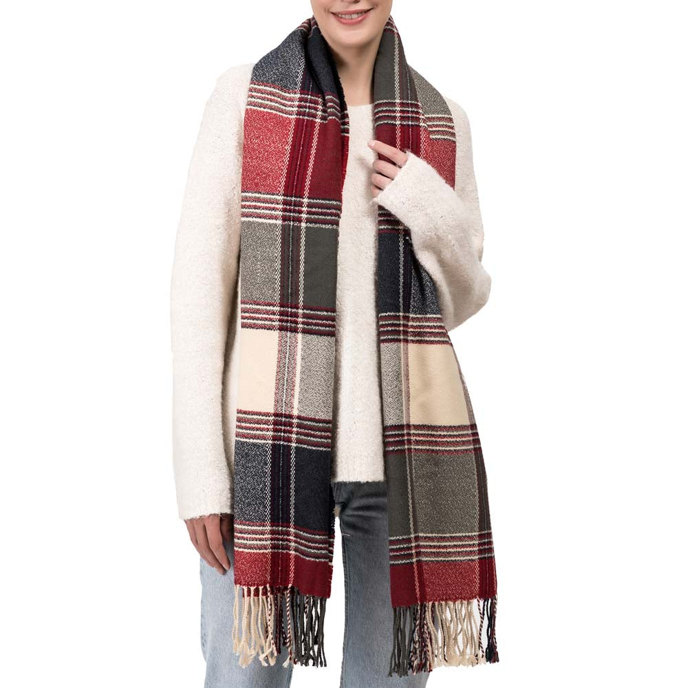 Women Oversized Red Cream and Gray Plaid Scarf with Tassels Free Shipping Glitz1